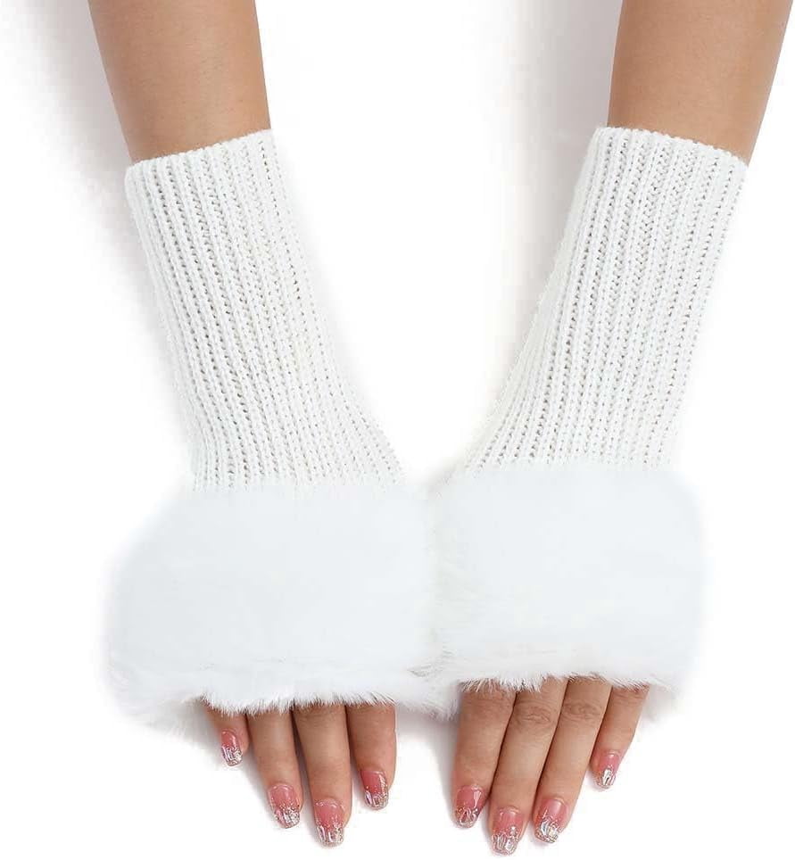 2 PairsWhite Furry Fingerless Gloves Soft Fluffy Thumb Hole Gloves ...