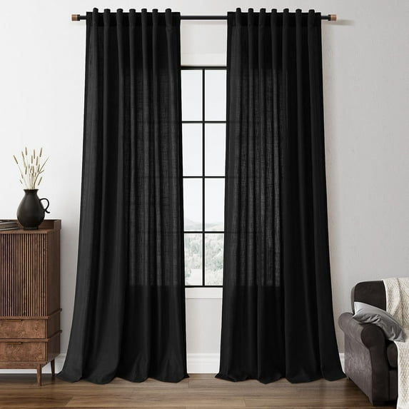 2-Panel Black Linen Curtains, 50x96 Inches, Semi-Sheer Light Filtering ...