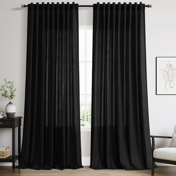 2-Panel Black Semi-Sheer Linen Blend Curtains, 102 Inches Long, Back ...