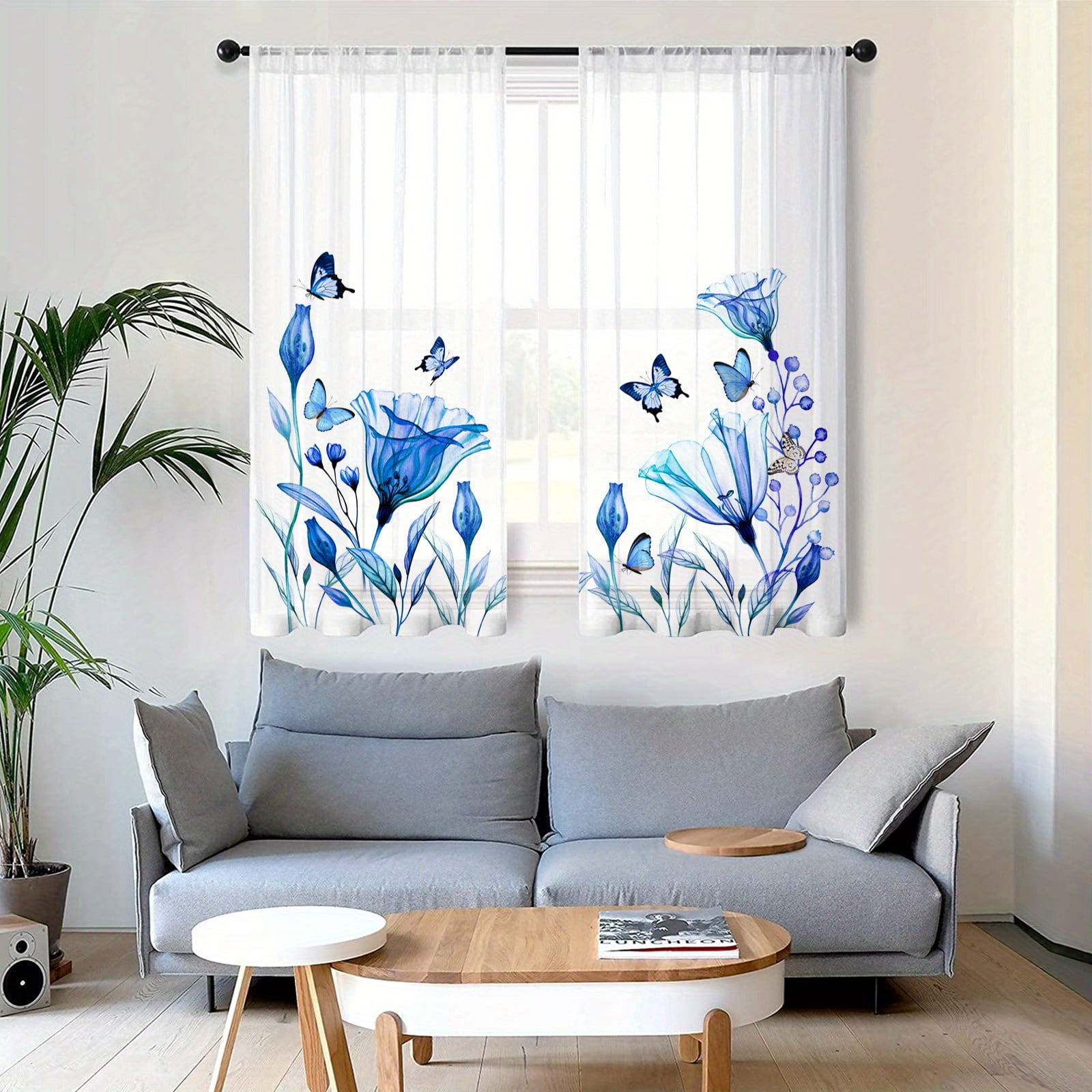 2 Panel Butterfly Voile Sheer Curtain Transparent Curtain for Bedroom ...