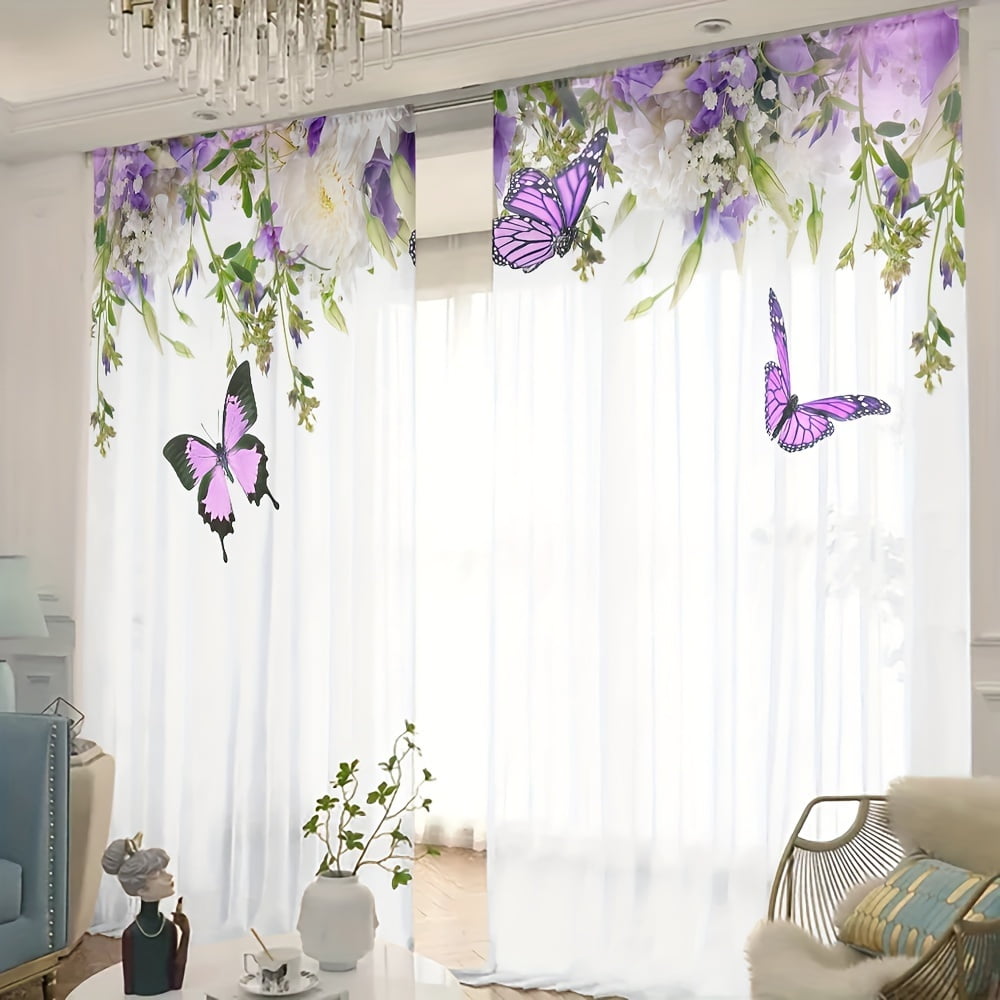 2 Panel Butterfly Voile Sheer Curtain Transparent Curtain for Bedroom ...