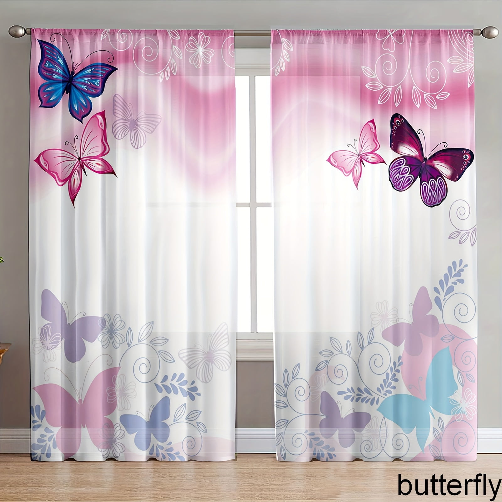 2 Panel Butterfly Voile Sheer Curtain Transparent Curtain for Bedroom ...