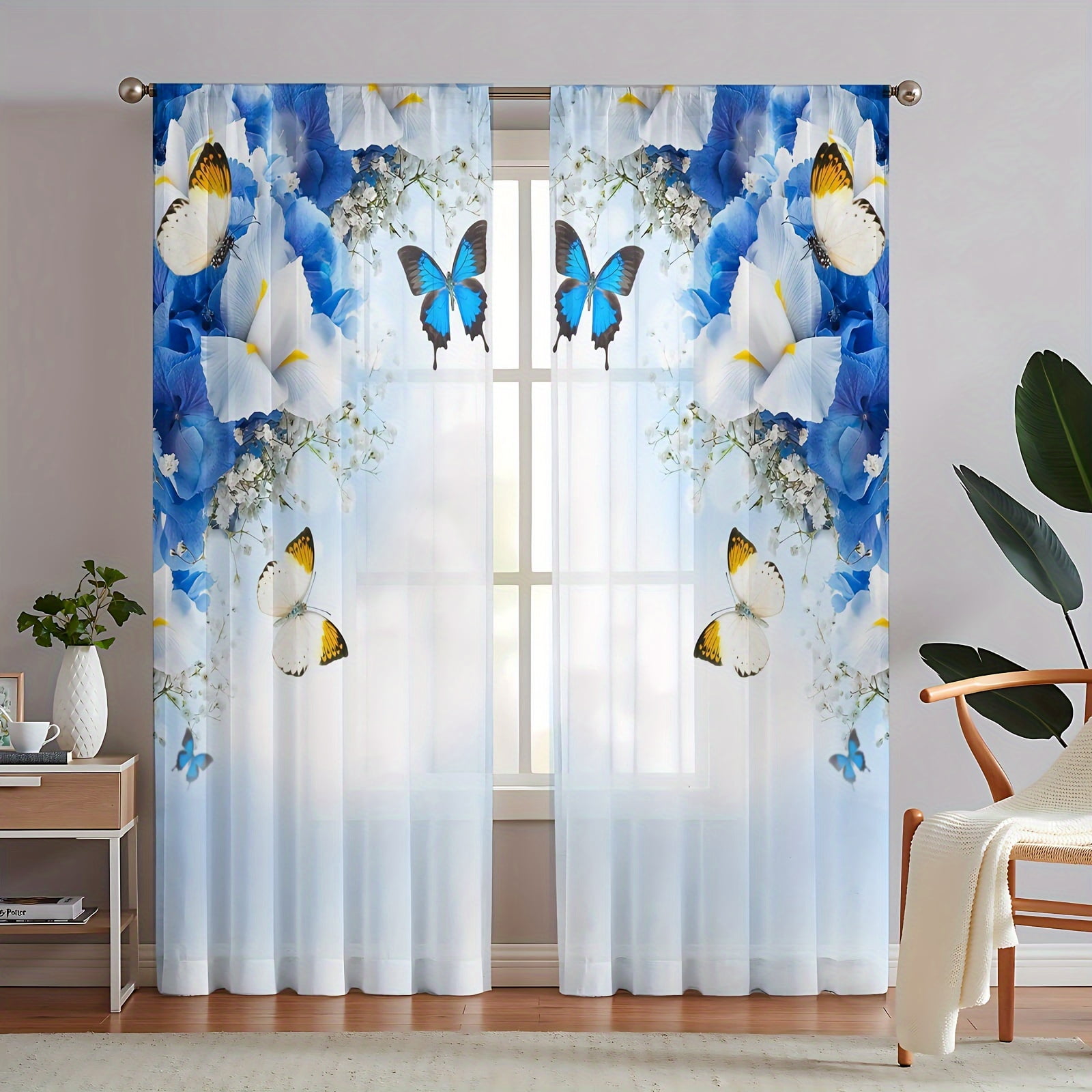 2 Panel Butterfly Voile Sheer Curtain Transparent Curtain for Bedroom ...