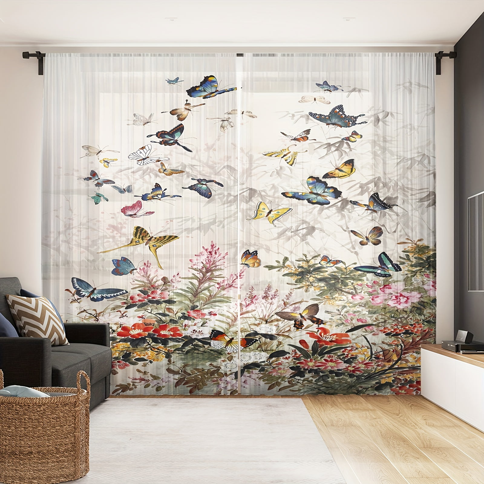 2 Panel Butterfly Voile Sheer Curtain Transparent Curtain for Bedroom ...