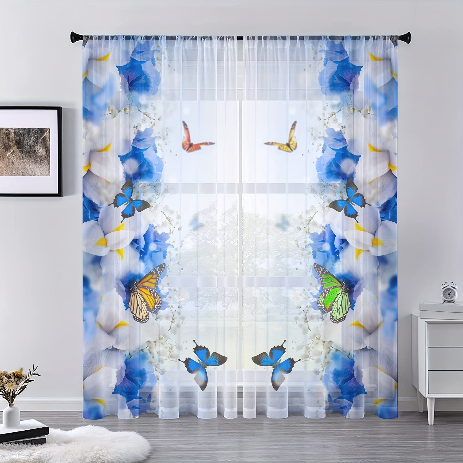 2 Panel Butterfly Voile Sheer Curtain Transparent Curtain for Bedroom ...
