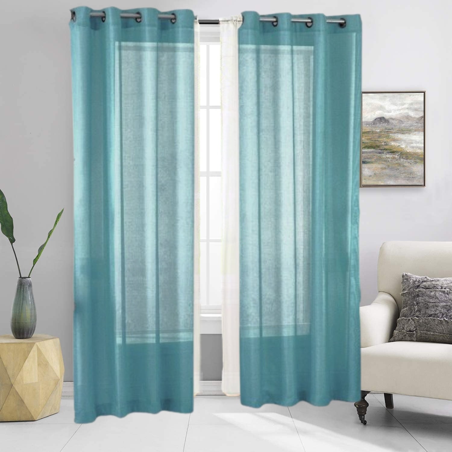 2 Panel Chevron Teal Green Solid Pattern Design Voile Sheer Window ...