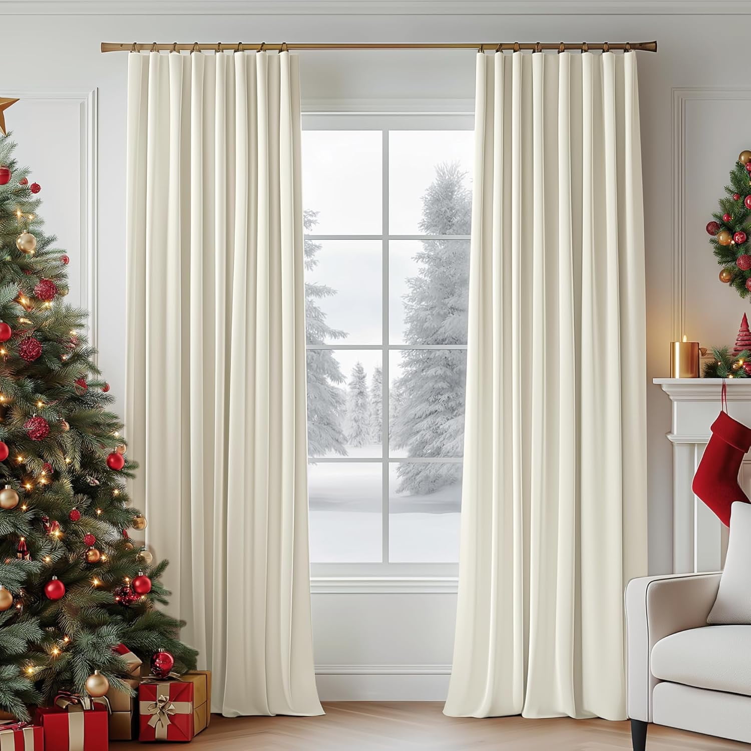 2-Panel Cream Velvet Curtains, 90 Inches Long, Soft Luxury Fabric, Room ...