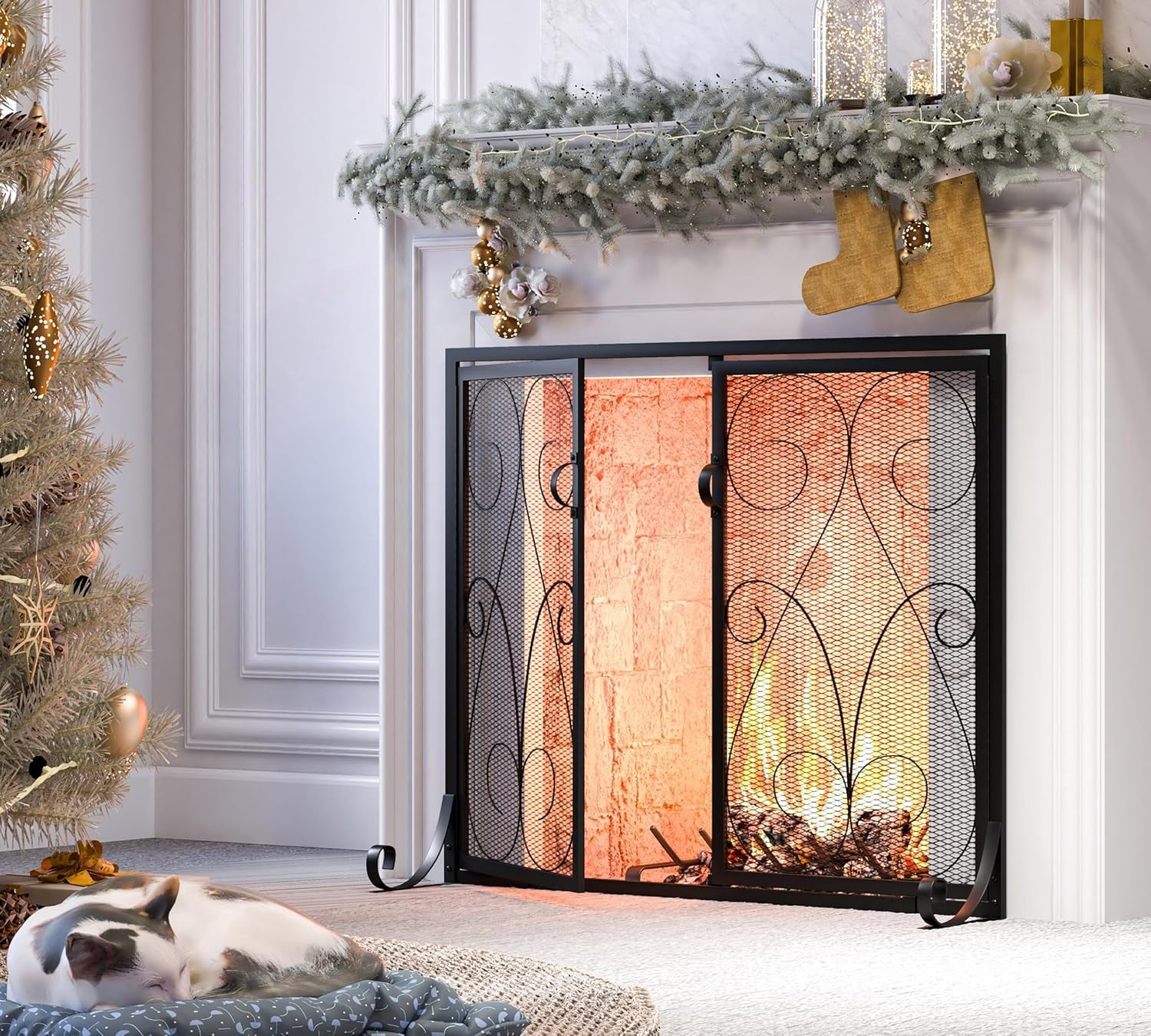 2-Panel Fireplace Screen with Doors Handcrafted Wrought Iron Decorative ...