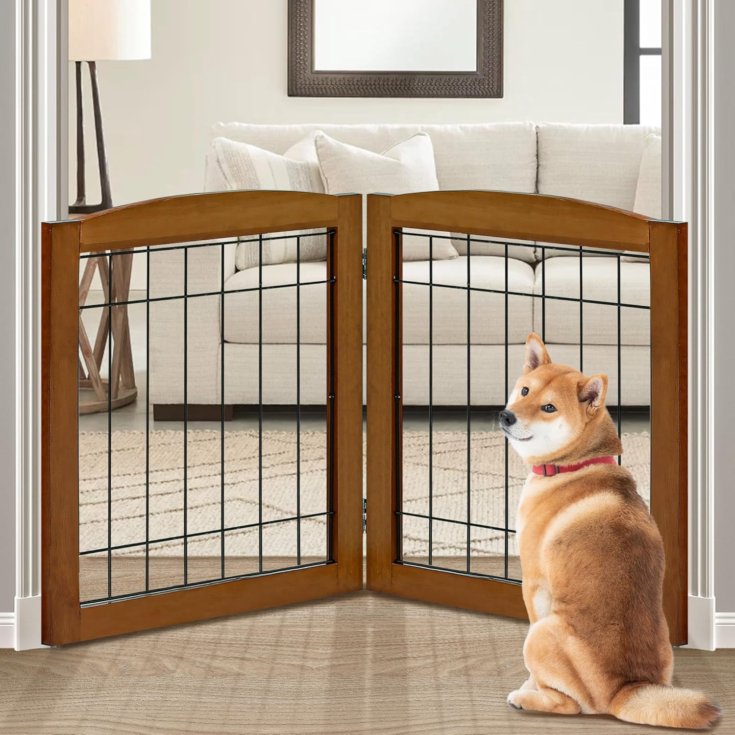 2-Panel Freestanding Foldable Wood Dog Gate – Solid Wood & Steel Wire ...