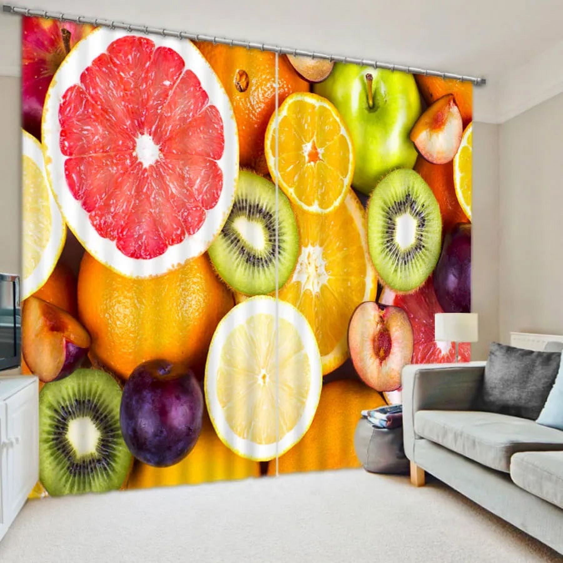 2 Panel Fruit Print Curtains Orange Kiwi Lemon Strawberry Curtains for ...