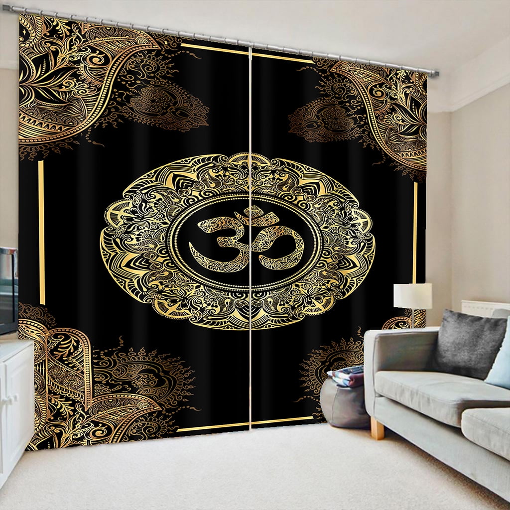 2 Panel Gold Black Curtain Pattern Geometric Curtain for Bedroom Living ...