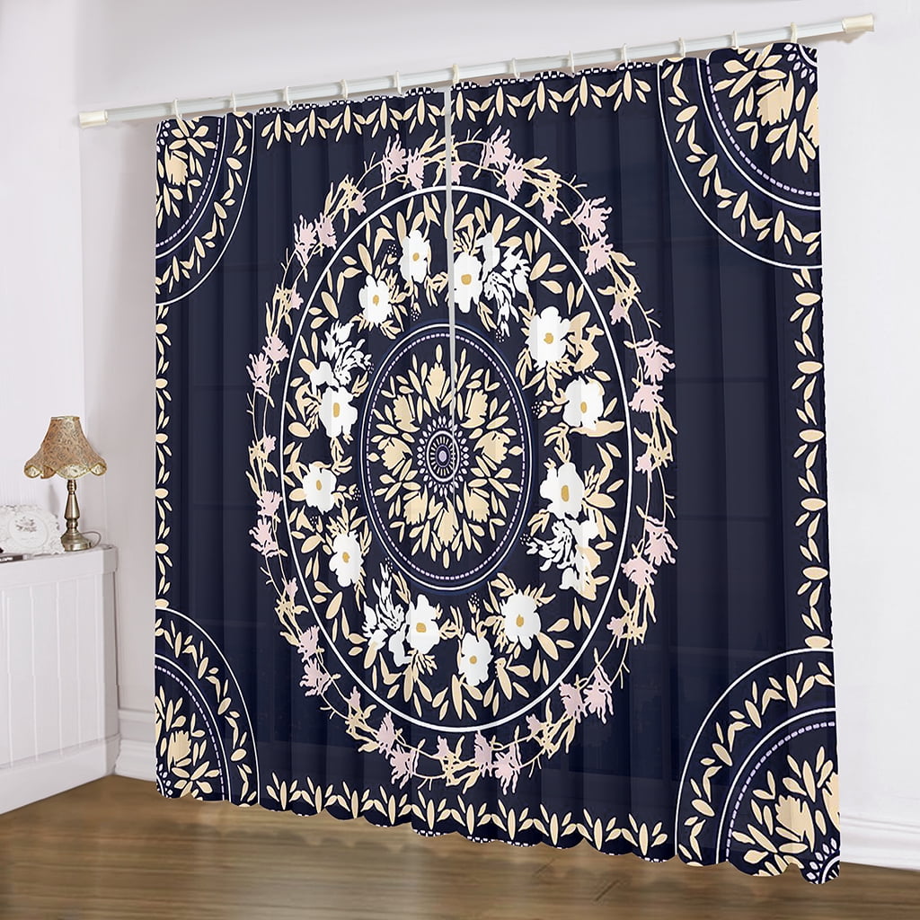 2 Panel Gold Black Curtain Pattern Geometric Curtain for Bedroom Living ...