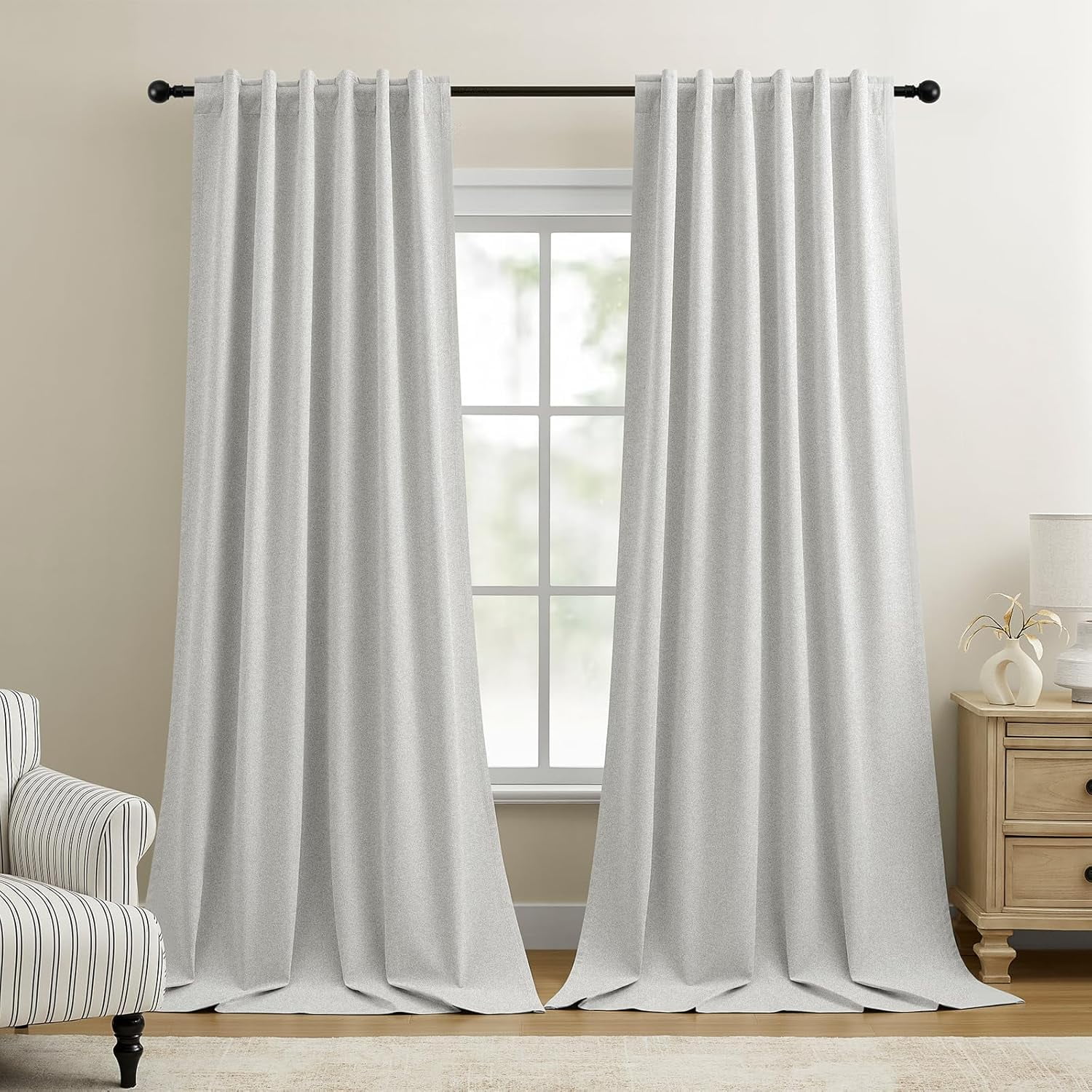 2-Panel Greyish White Linen Blackout Curtains, 102 Inches Long, 100% ...