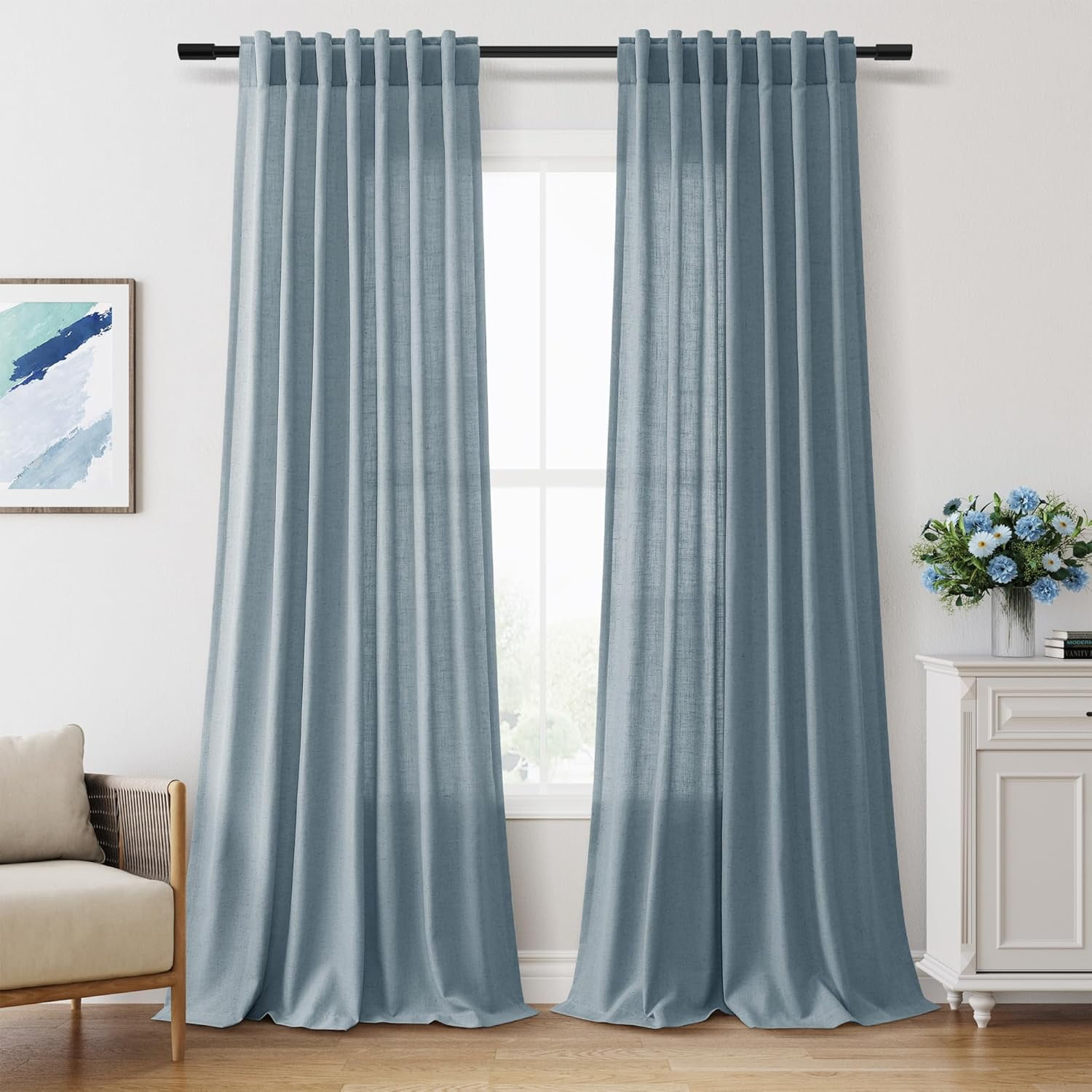 2-Panel Kids Room Curtains, 90 Inches Long, Light Blue Semi-Sheer Linen ...