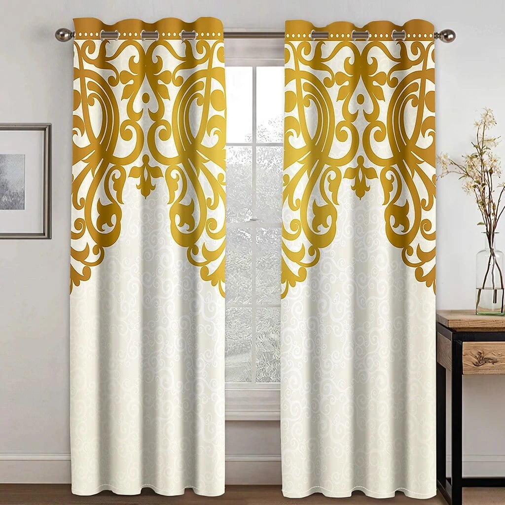 2 Panel Luxurious Golden Curtains Abstract Geometric Curtains for ...