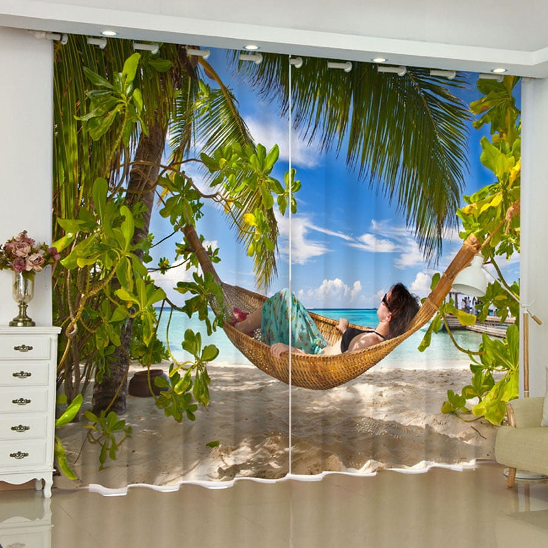 2 Panel Maldivian Seaside Coconut Tree Print Curtain for Living Room ...
