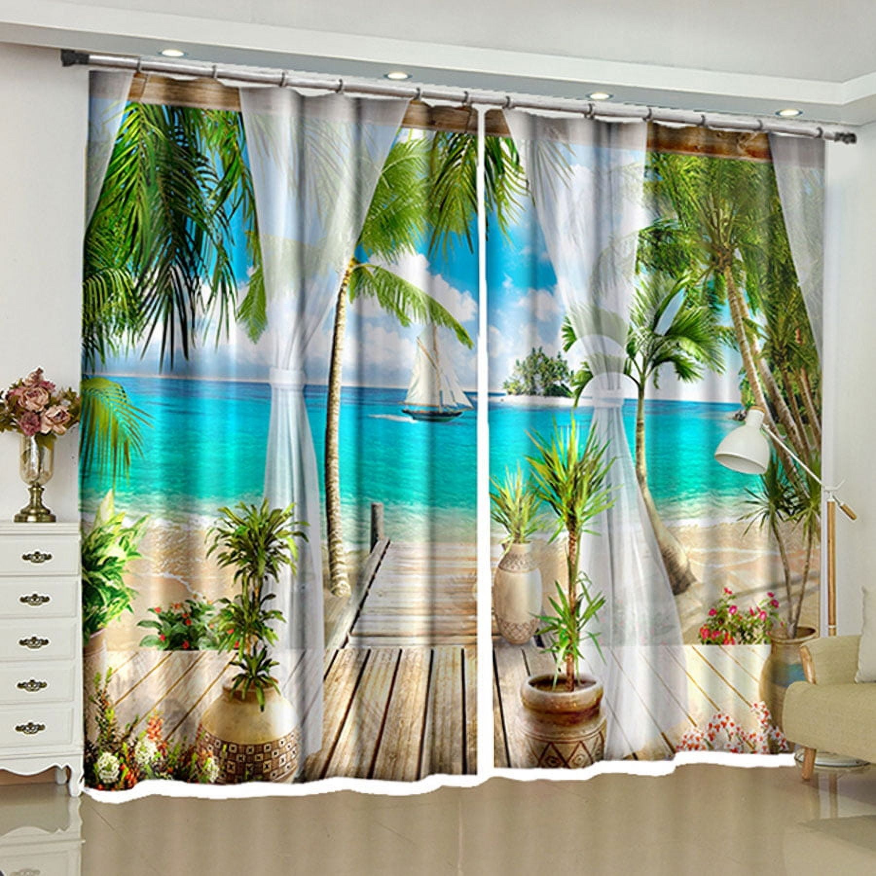 2 Panel Maldivian Seaside Coconut Tree Print Curtain for Living Room ...