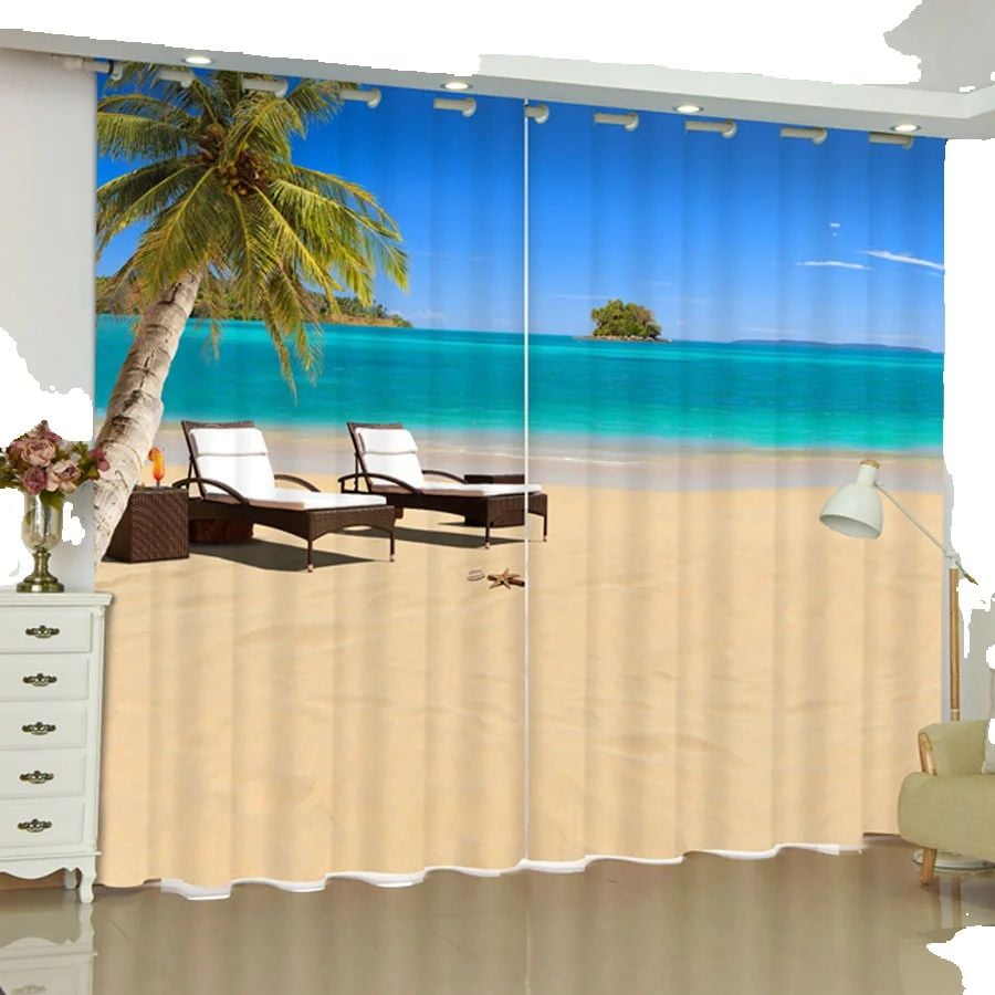 2 Panel Maldivian Seaside Coconut Tree Print Curtain for Living Room ...