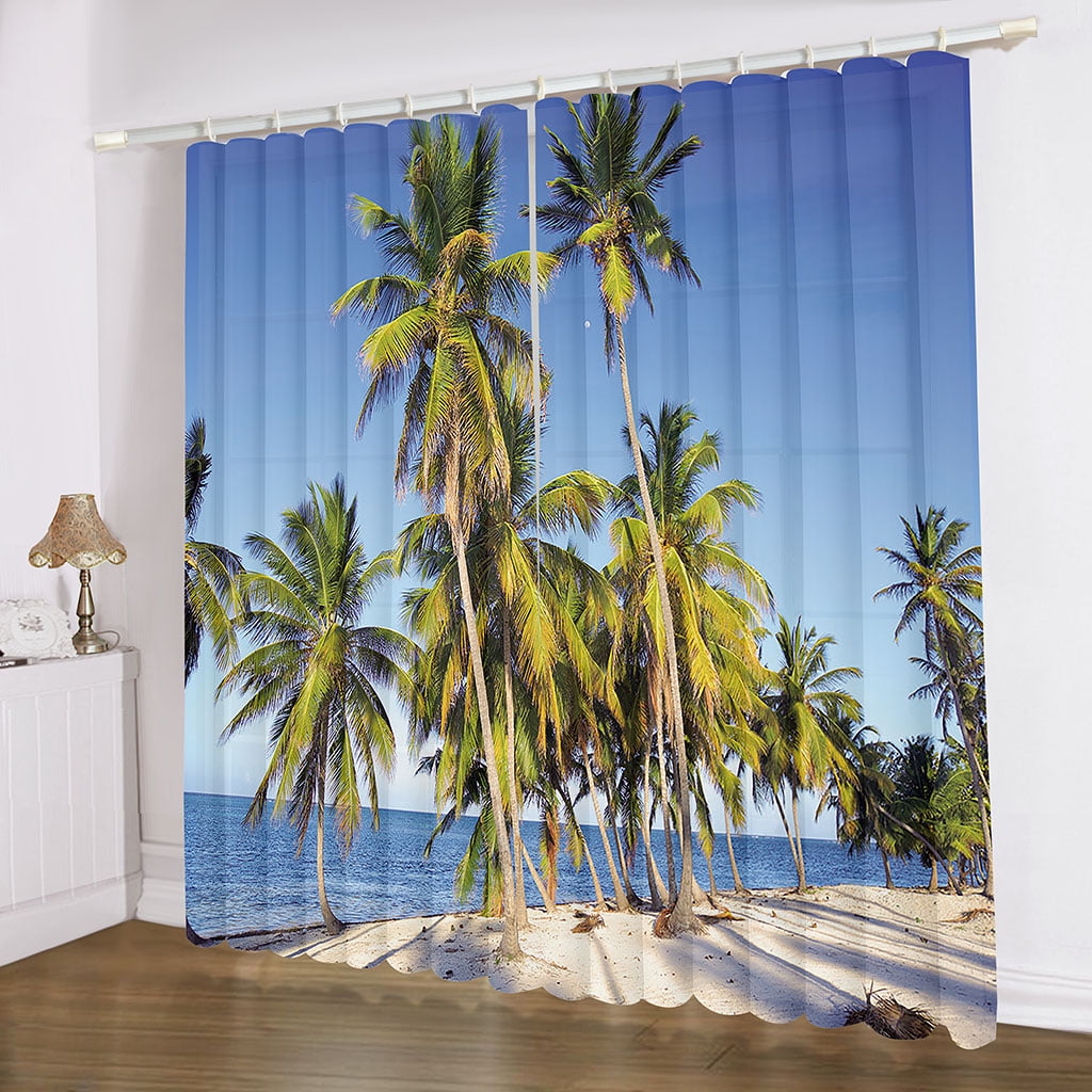 2 Panel Maldivian Seaside Coconut Tree Print Curtain for Living Room ...
