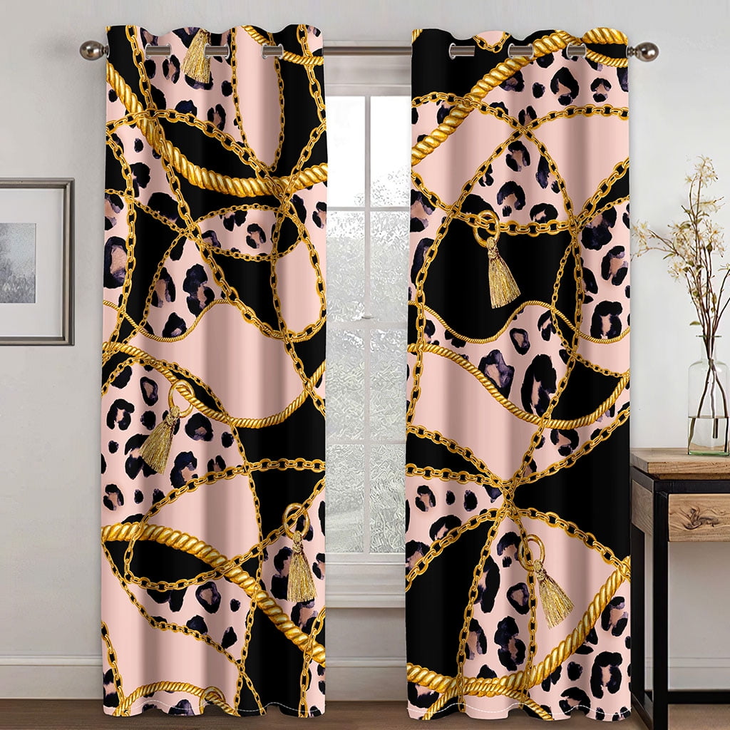 2 Panel Metal Chain Leopard Print Curtains for Bedroom Living Room ...