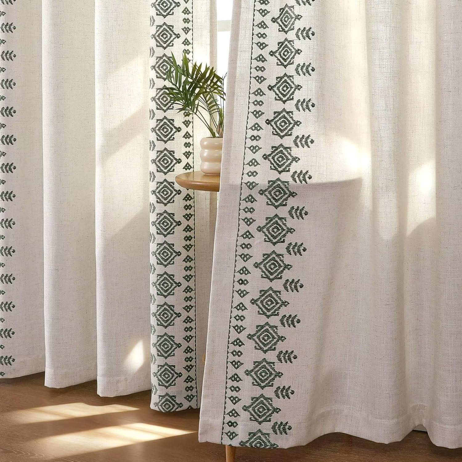 2-Panel Olive Green Embroidered Curtains, 72 Inches Long, Boho ...