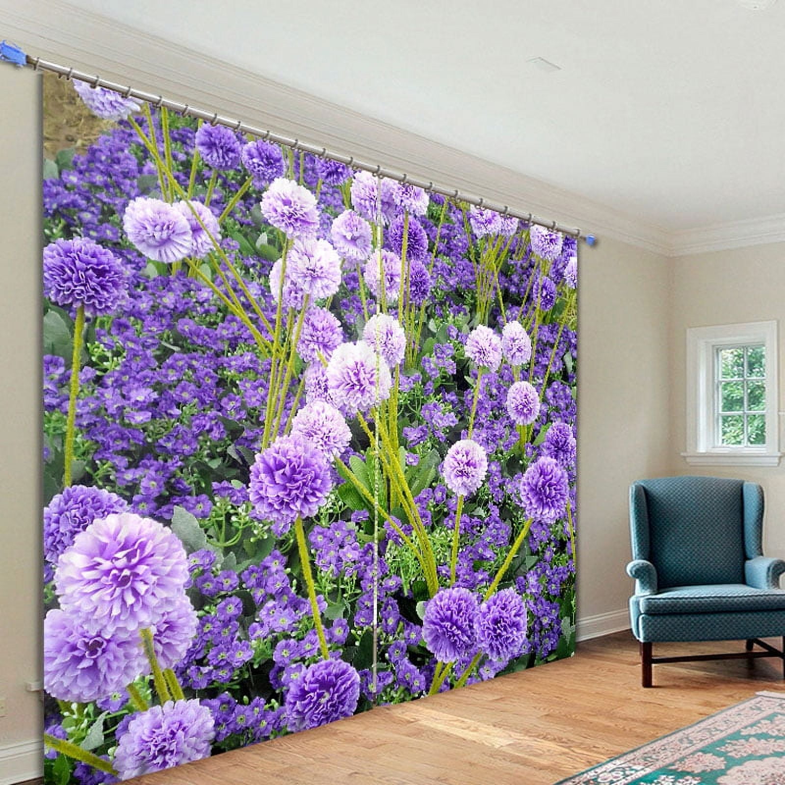 2 Panel Purple Blue Flower Print Curtain for Bedroom Living Room Floor ...
