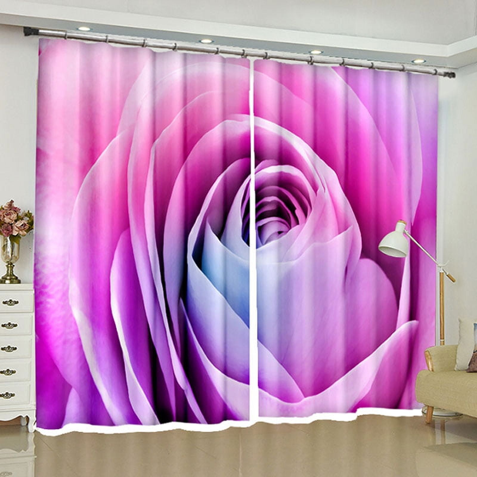 2 Panel Purple Blue Flower Print Curtain for Bedroom Living Room Floor ...