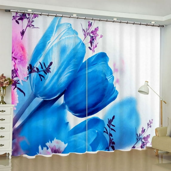2 Panel Purple Blue Flower Print Curtain for Bedroom Living Room Floor ...