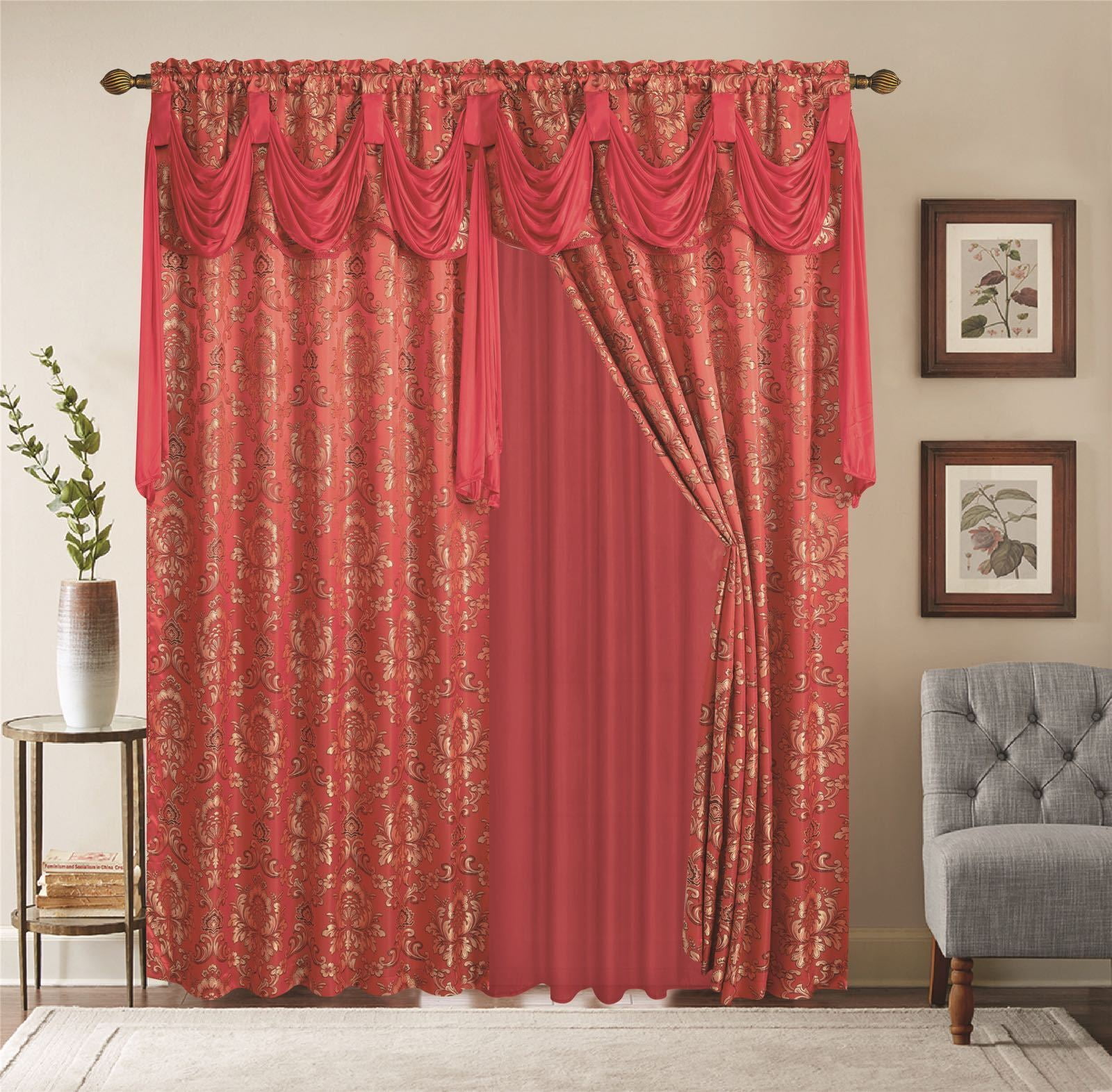 2 Panel Set Luxury Red Burgundy Window Curtains with Valance and Sheer ...