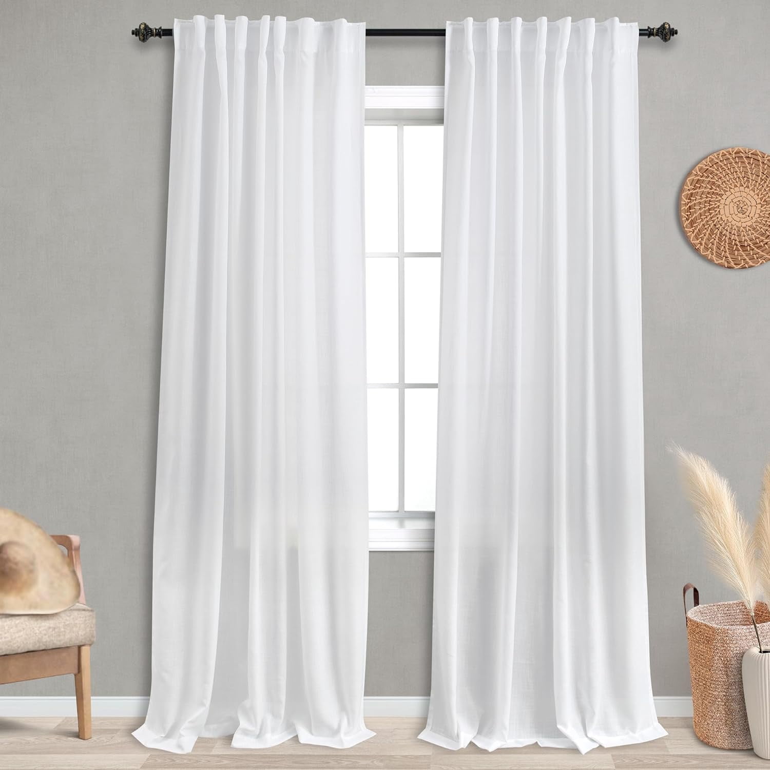 2-Panel Sheer White Curtain Set - 90 Inches, Light Filtering Semi ...