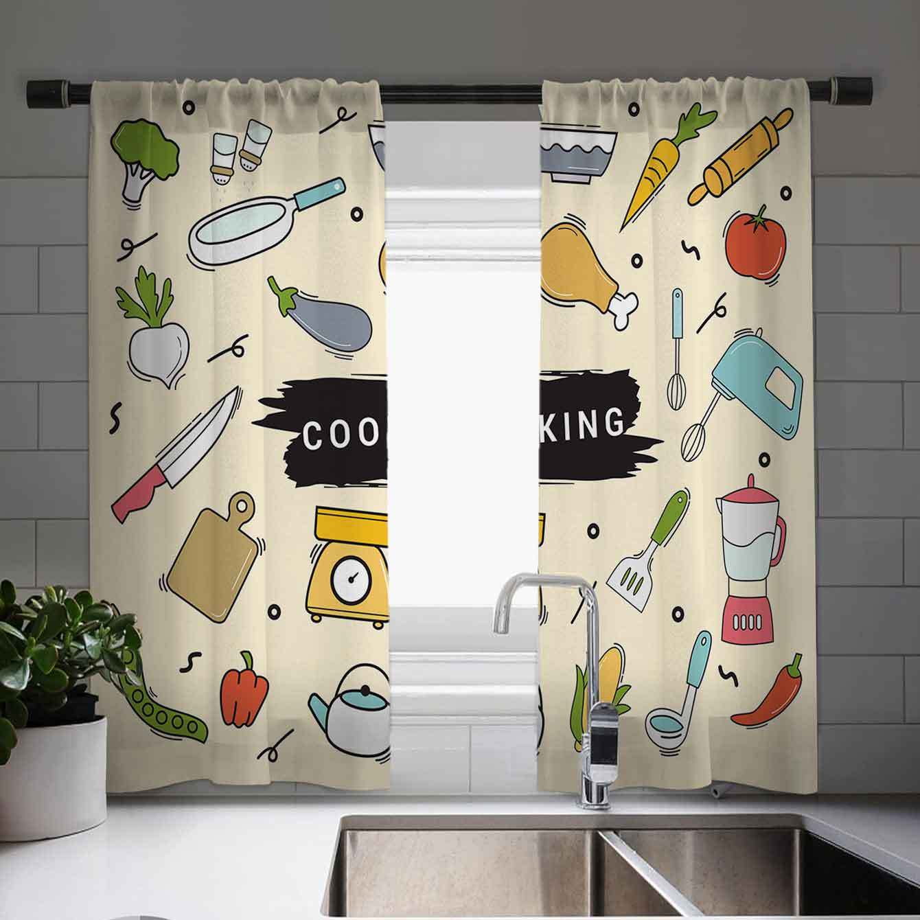 2 Panel Spoon Fork Kitchen Utensils Printed Curtains Kitchen Curtains ...