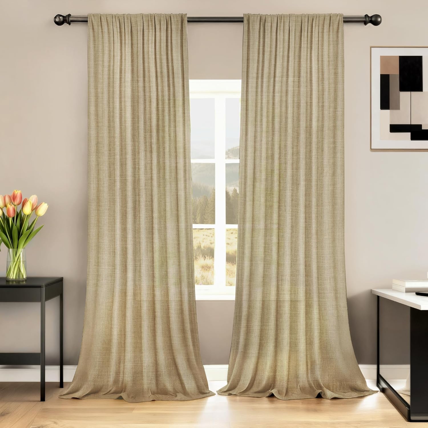 2-Panel Thick Linen Curtains, 63 Inches Long, Khaki Semi-Sheer Light ...