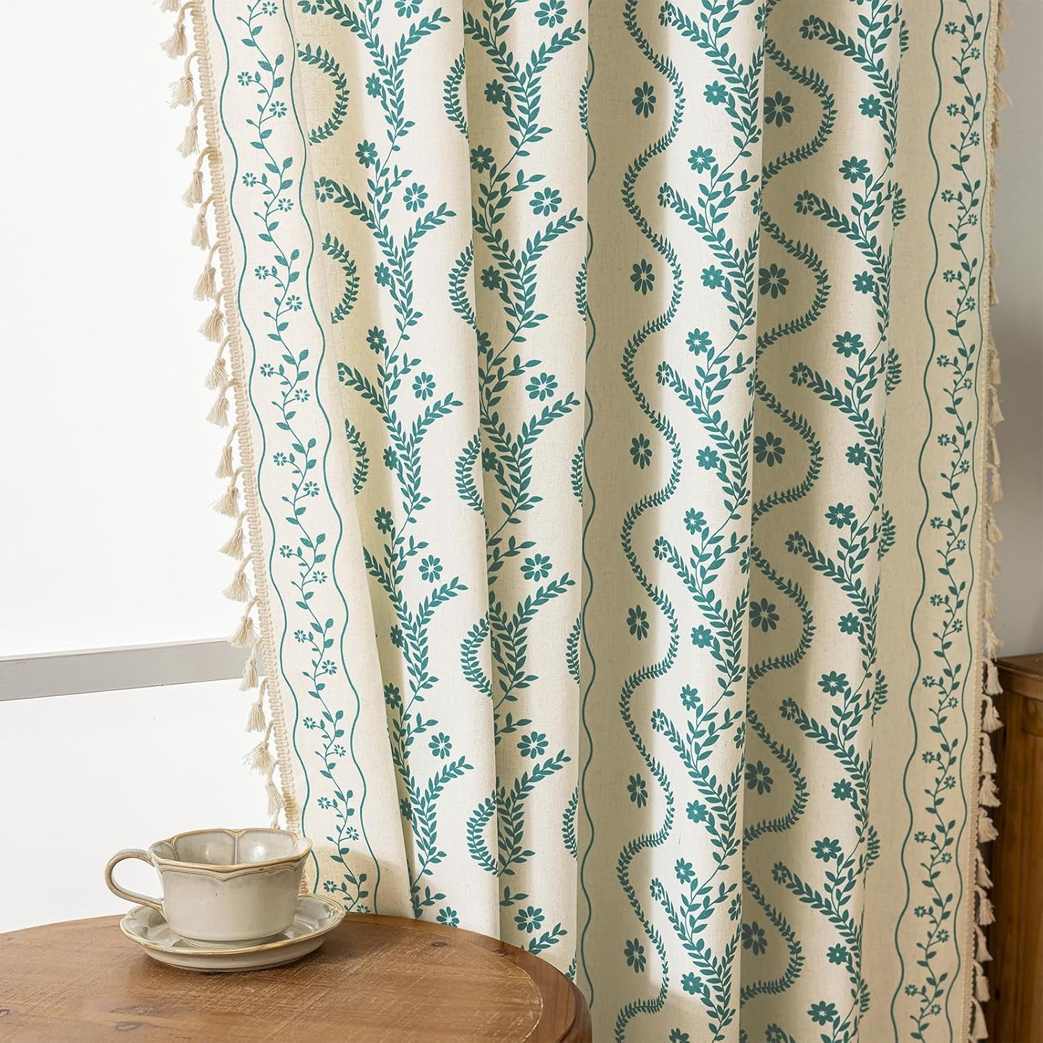 2-Panel Turquoise & White Boho Floral Curtains, 72 Inches Long, Semi ...