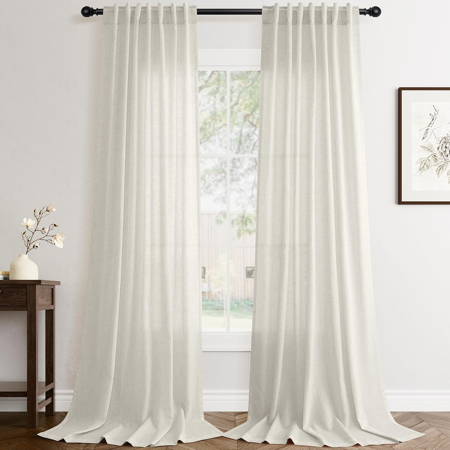 2-Panel Warm Beige Linen Curtains, 96 Inches Long, Semi-Sheer Light ...
