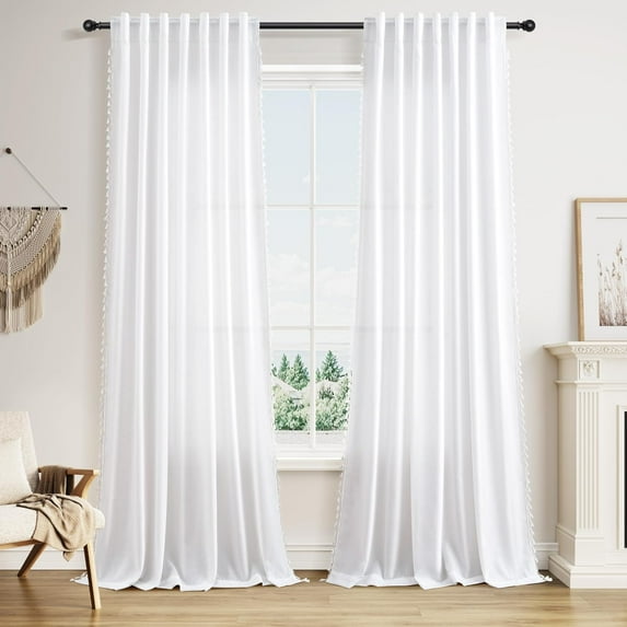 2-Panel White Boho Linen Curtains, 96 Inches Long, with Tassels, Light ...