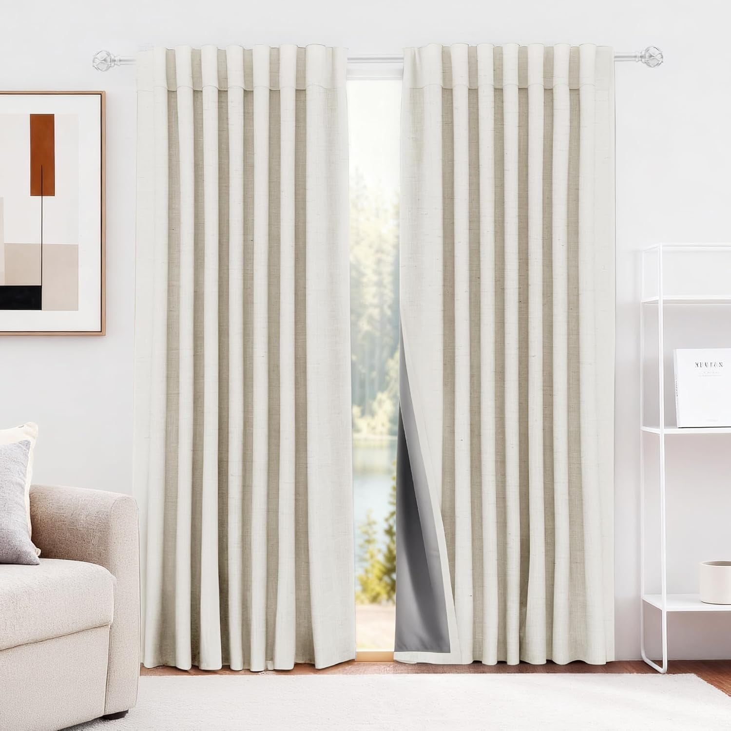 2-Panel White Linen Blackout Curtains, 63 Inches Long, 100% Light ...