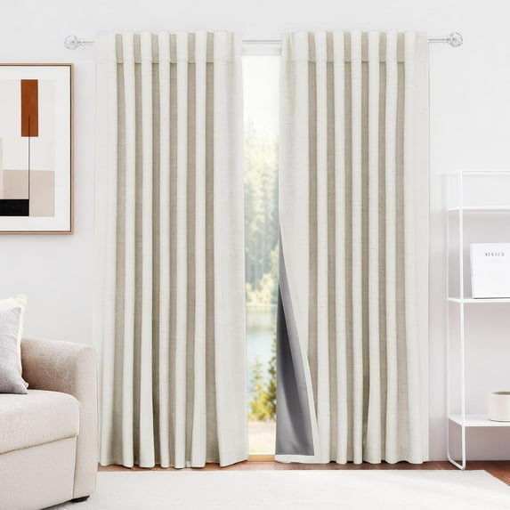 2-Panel White Linen Blackout Curtains, 63 Inches Long, 100% Light ...