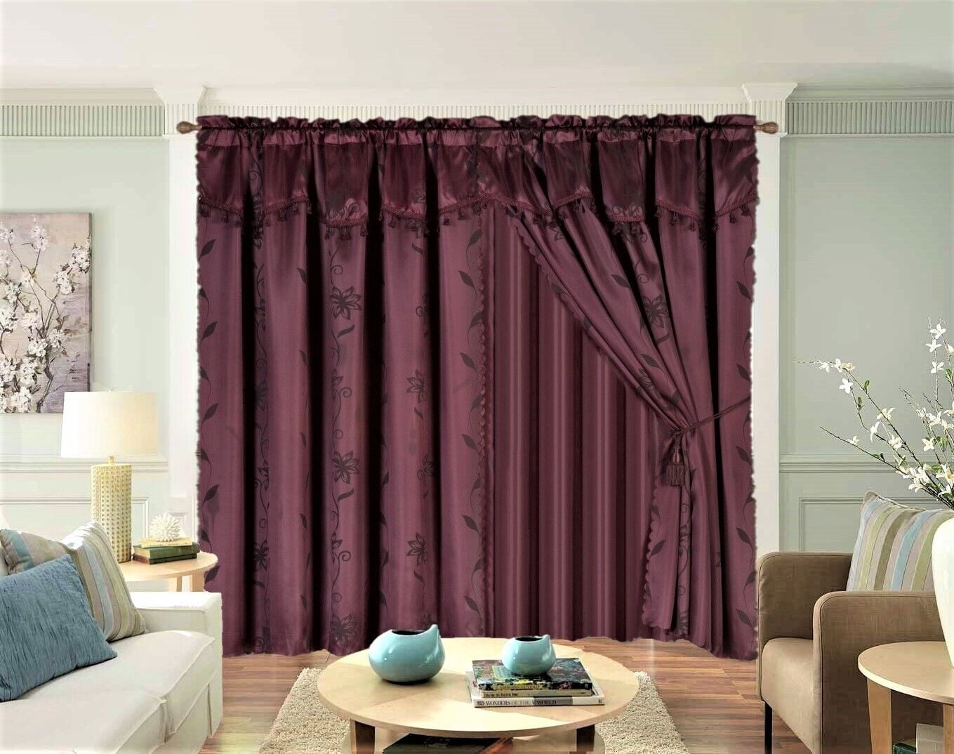 2 Panel Window Curtain Set 120" W X 84" L With Valance And Sheer ...