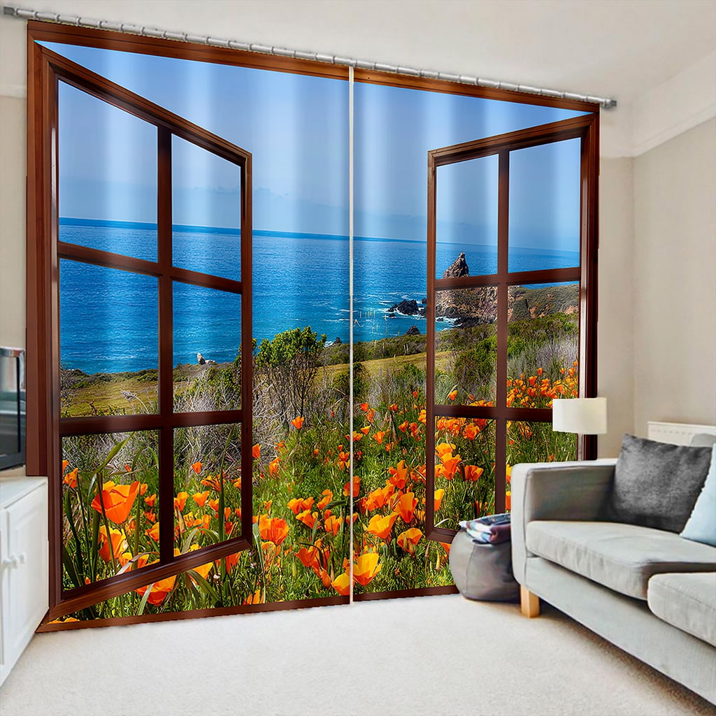 2 Panel Window Door Curtain Window View Printed Curtain for Bedroom ...