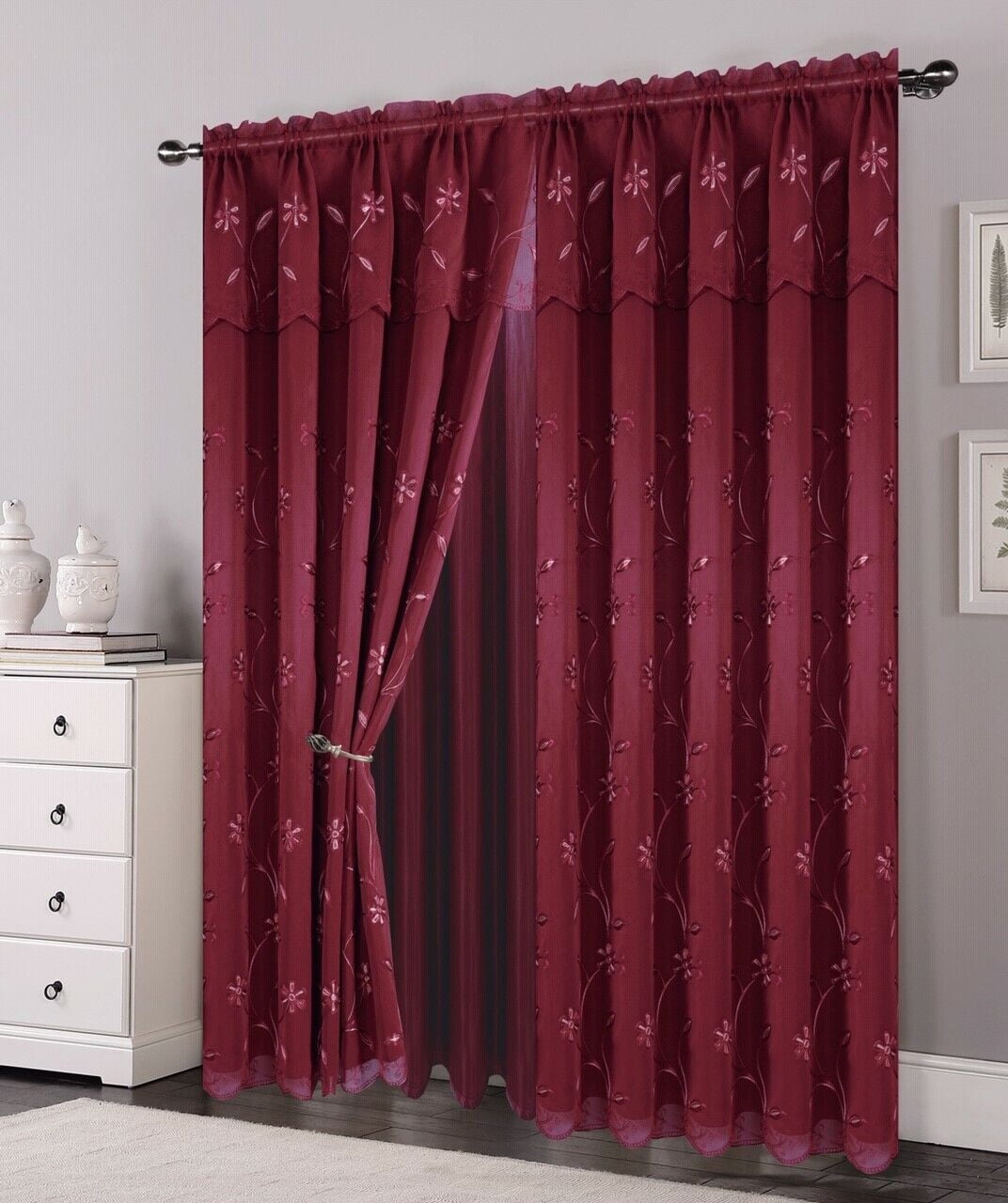 2 Panels 2-Layer Voile Sheer Embroidered Rod Pocket Window Curtain ...