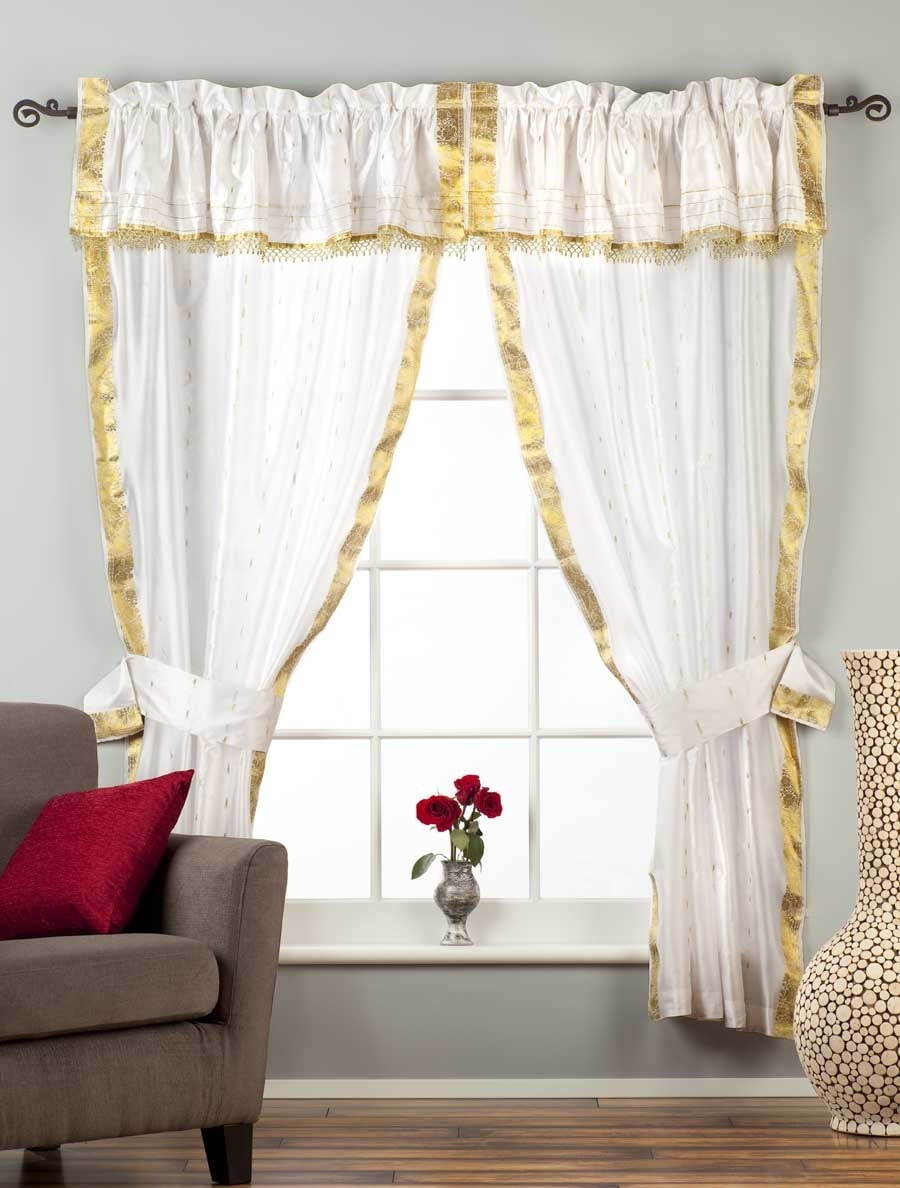 2 Panels 2 Tieback-Gypsy Rod Pocket Curtains w Beads Valance White GLD ...