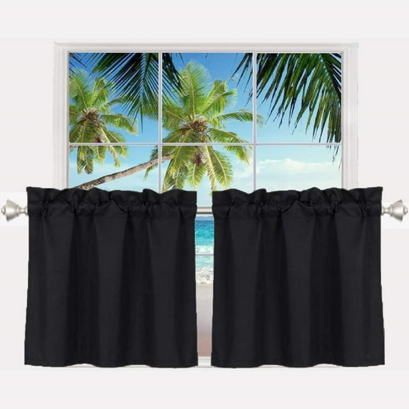 2 Panels 30 Inch Wide Tier Curtains - 24 Inch Long Black Blackout, Rod ...