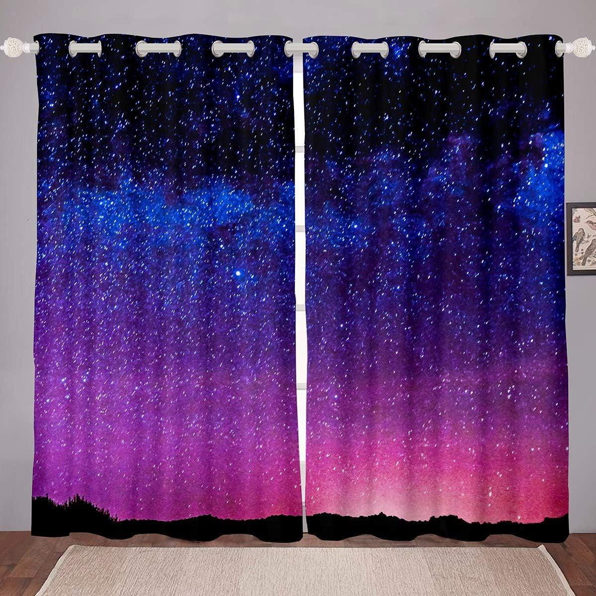 2 Panels 3D Galaxy Curtain for Bedroom Universe Nebula Curtain Blue ...