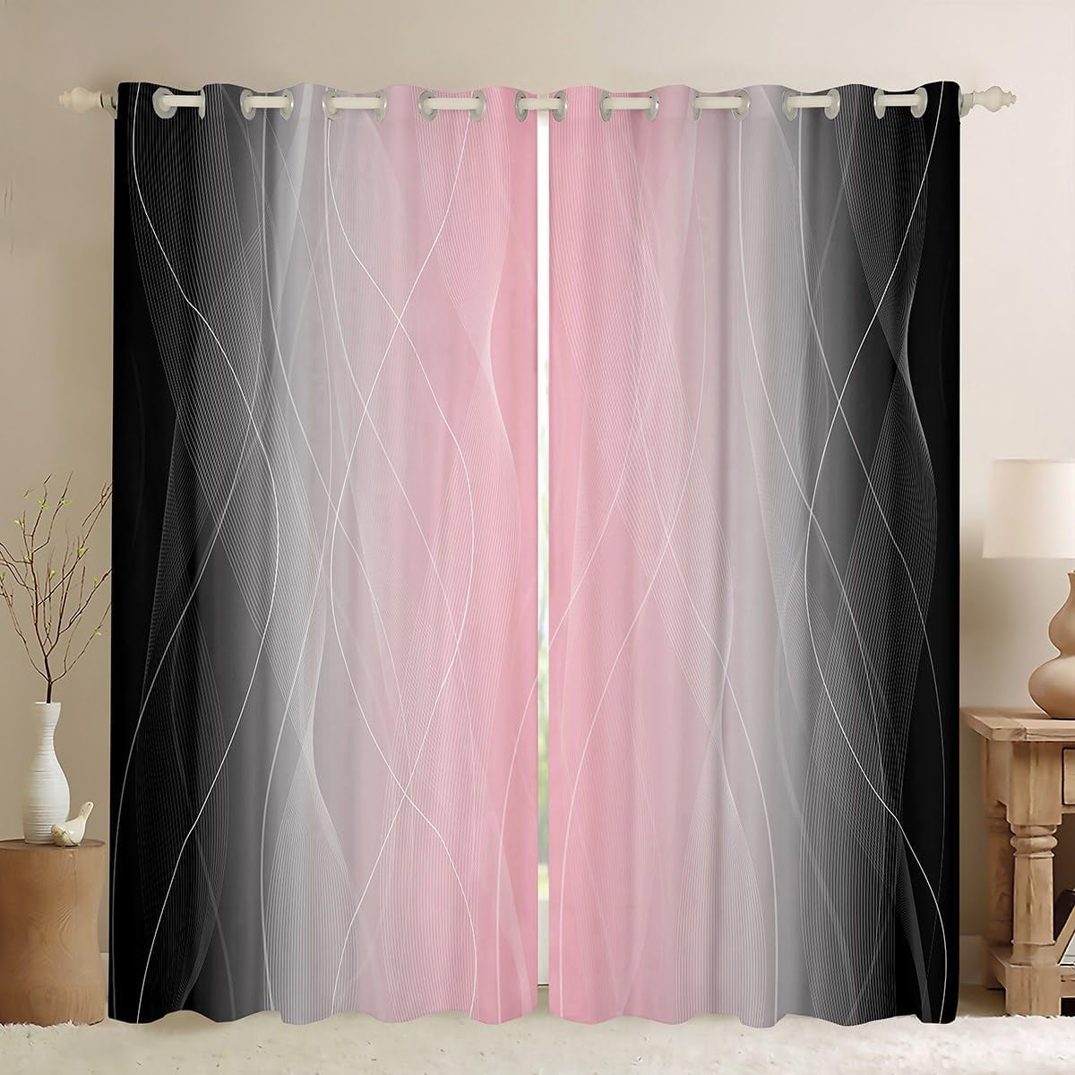 (2 Panels, 52 x 63 Inch Pink and Black Darkening Drapes Strip Lines ...