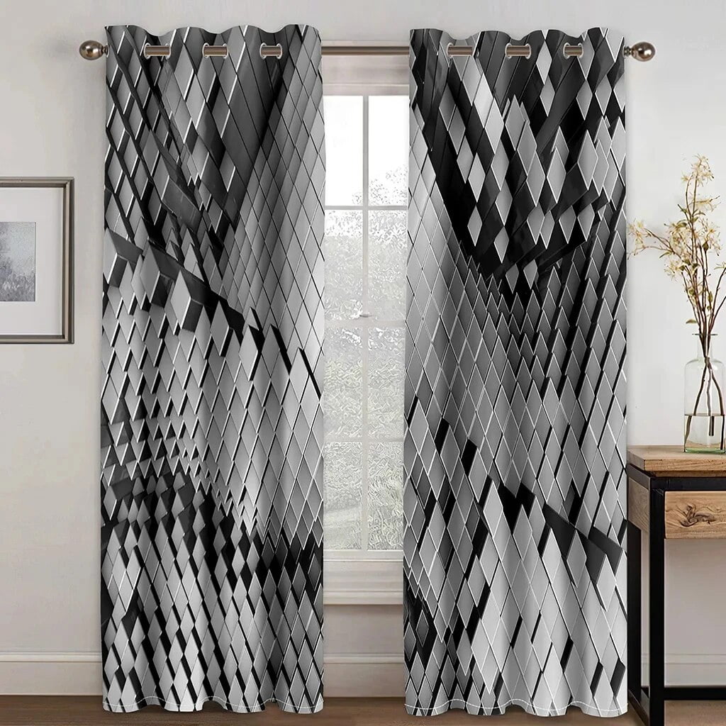 2 Panels Abstract Curtain Geometric Pattern Curtain Black White Red Plaid Curtain Bedroom Living ...