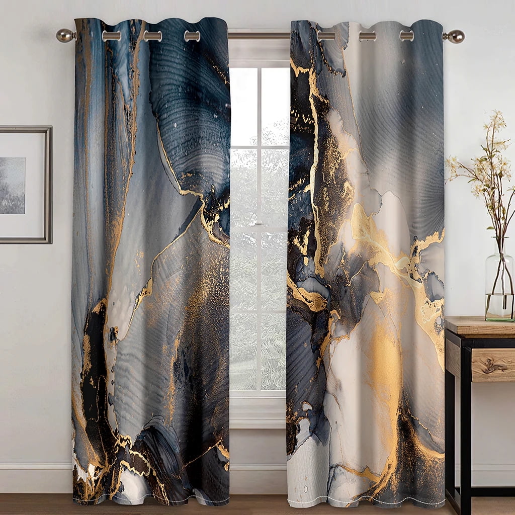 2 Panels Abstract Geometric Curtains Marble Texture Printed Curtains ...