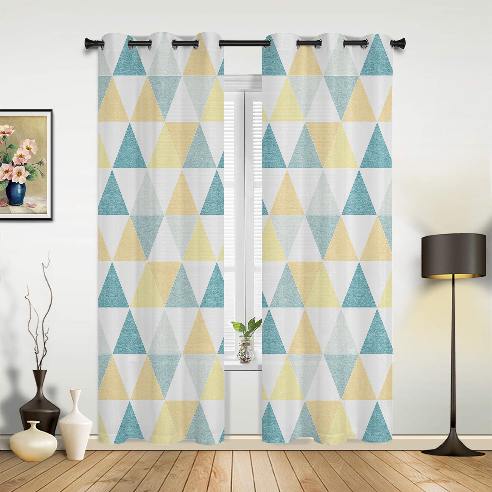 2 Panels Abstract Geometric Gradient Sage Green Grey Triangle Curtains ...