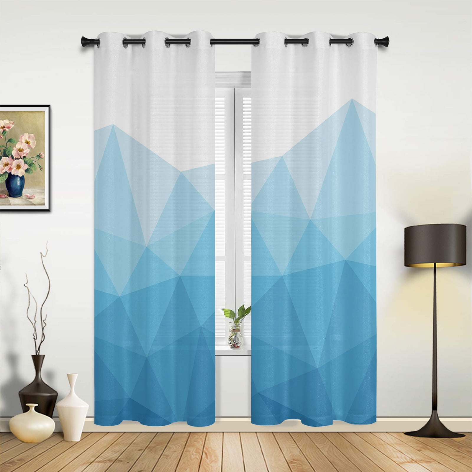 2 Panels Abstract Geometric Gradient Sage Green Grey Triangle Curtains ...