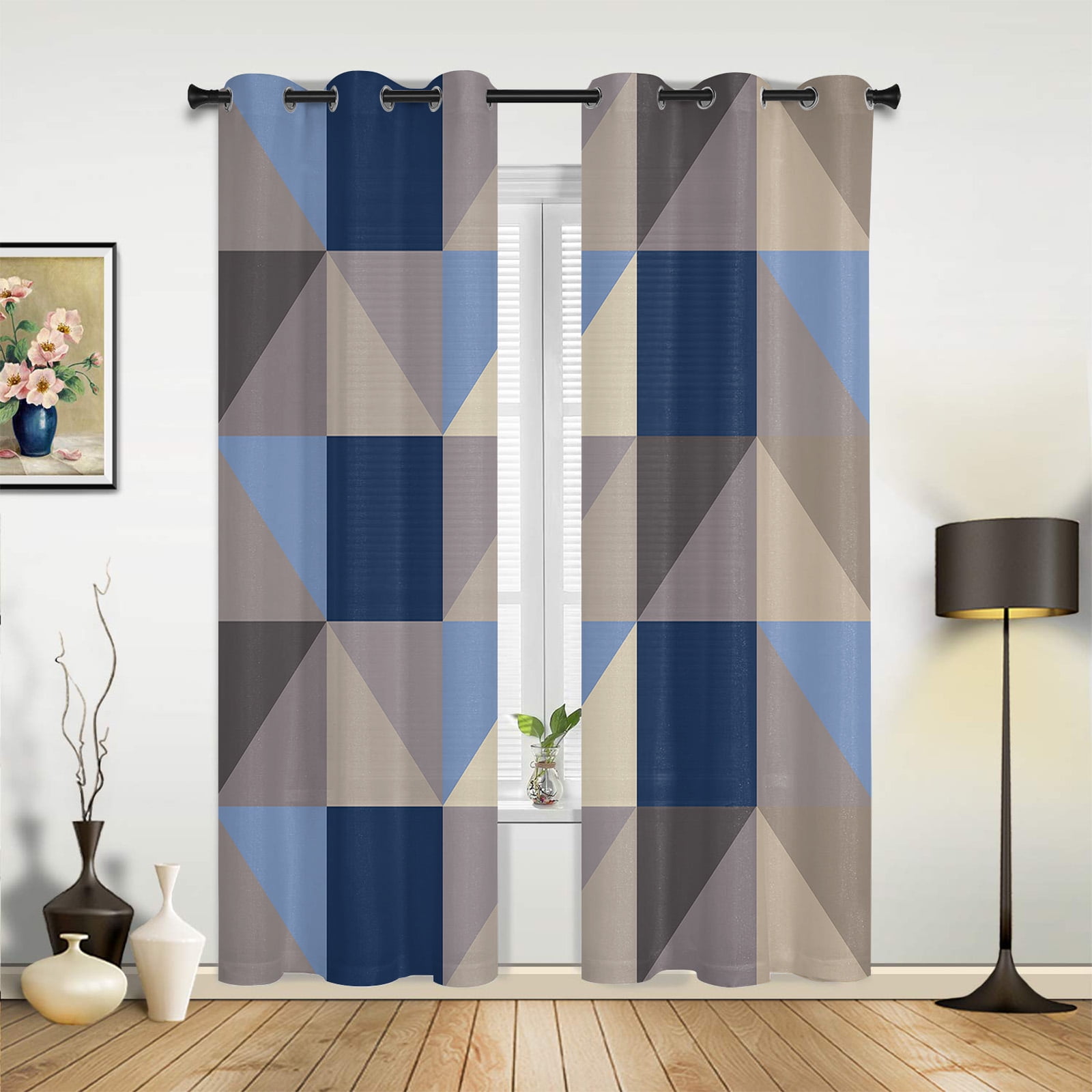 2 Panels Abstract Geometric Gradient Sage Green Grey Triangle Curtains ...