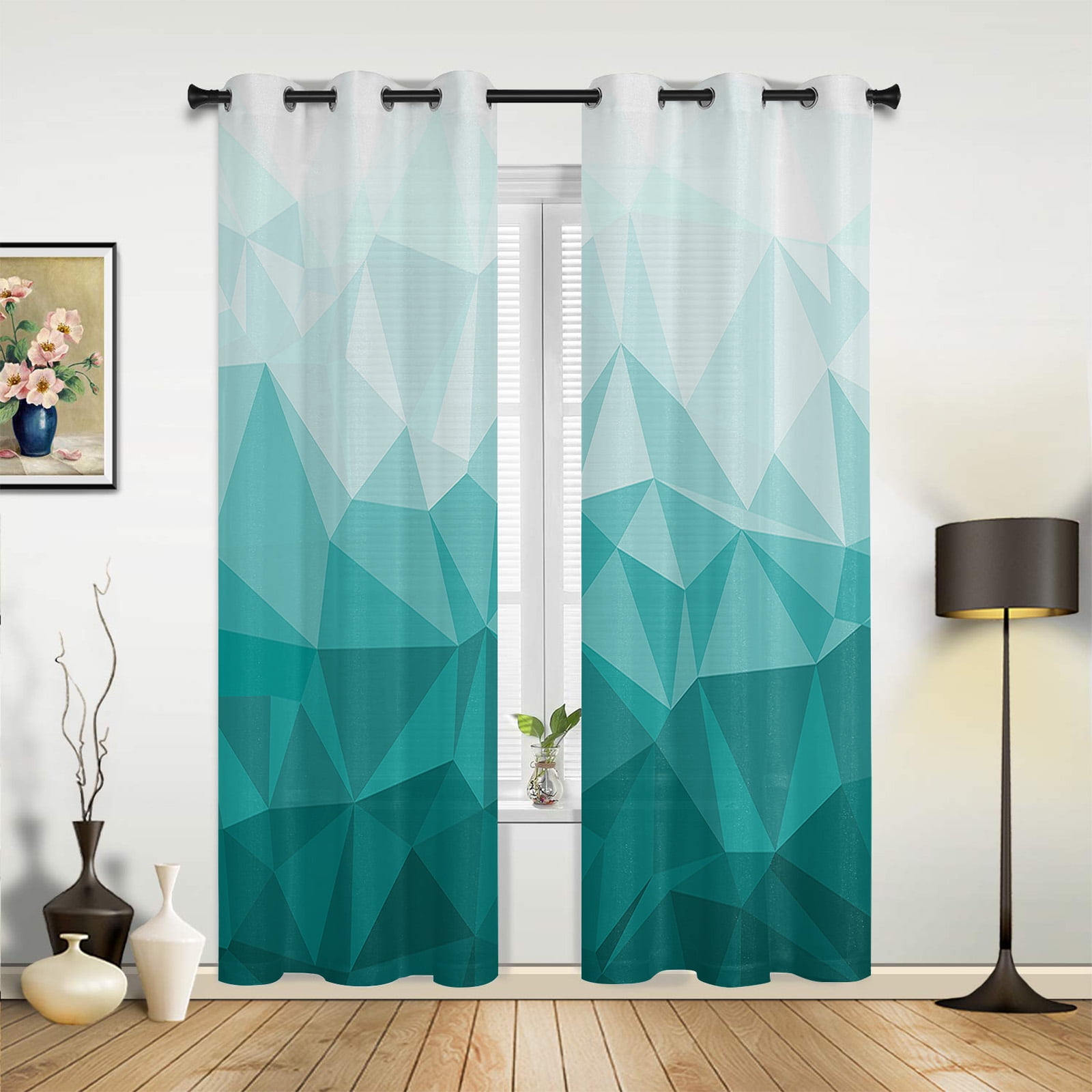 2 Panels Abstract Geometric Gradient Sage Green Grey Triangle Curtains ...